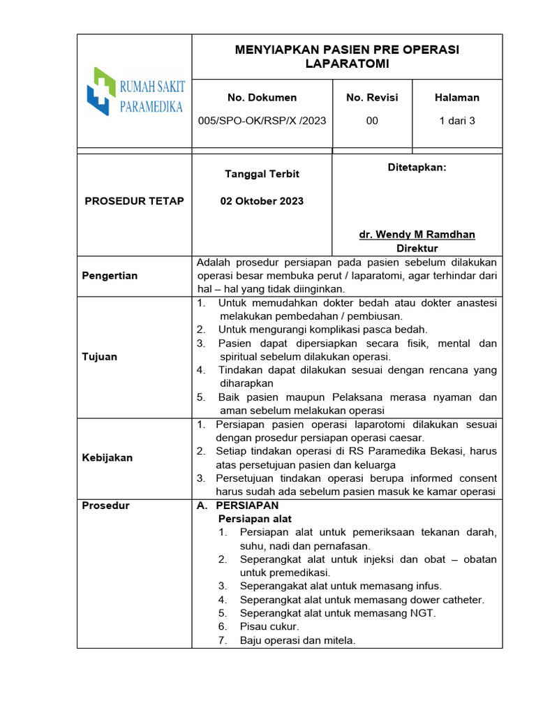Sop Ok 005 Menyiapkan Pasien Pre Operasi Laparatomi | PDF | Sains ...