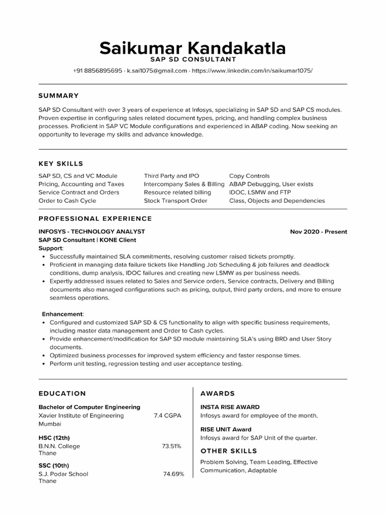 Saikumar_Kandakatla_SAP_SD_Consultant | PDF | Consultant | Sales