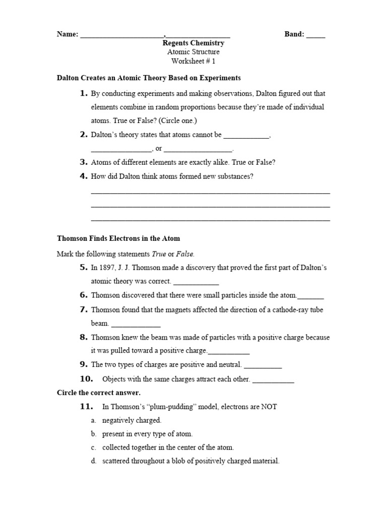 Atomic Structure Worksheet - 1 | PDF | Atoms | Electron