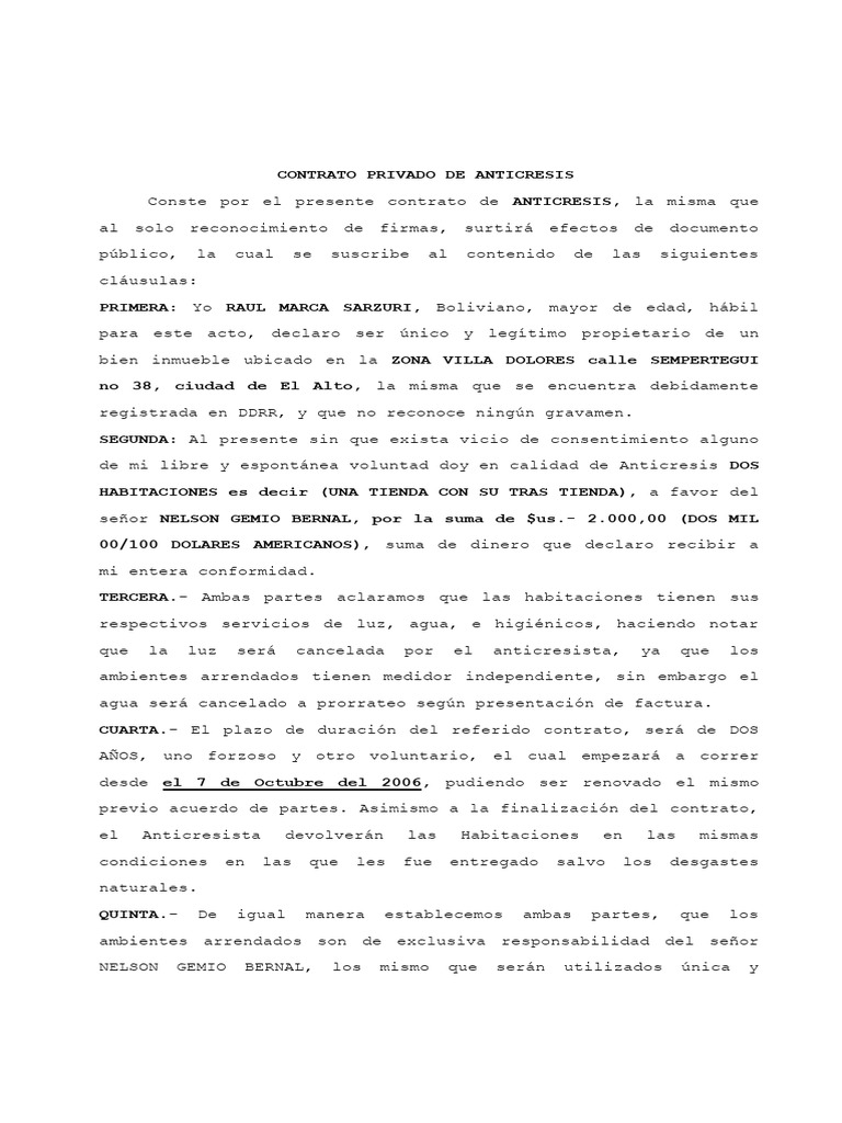 Contrato de Anticresis Nelson | PDF