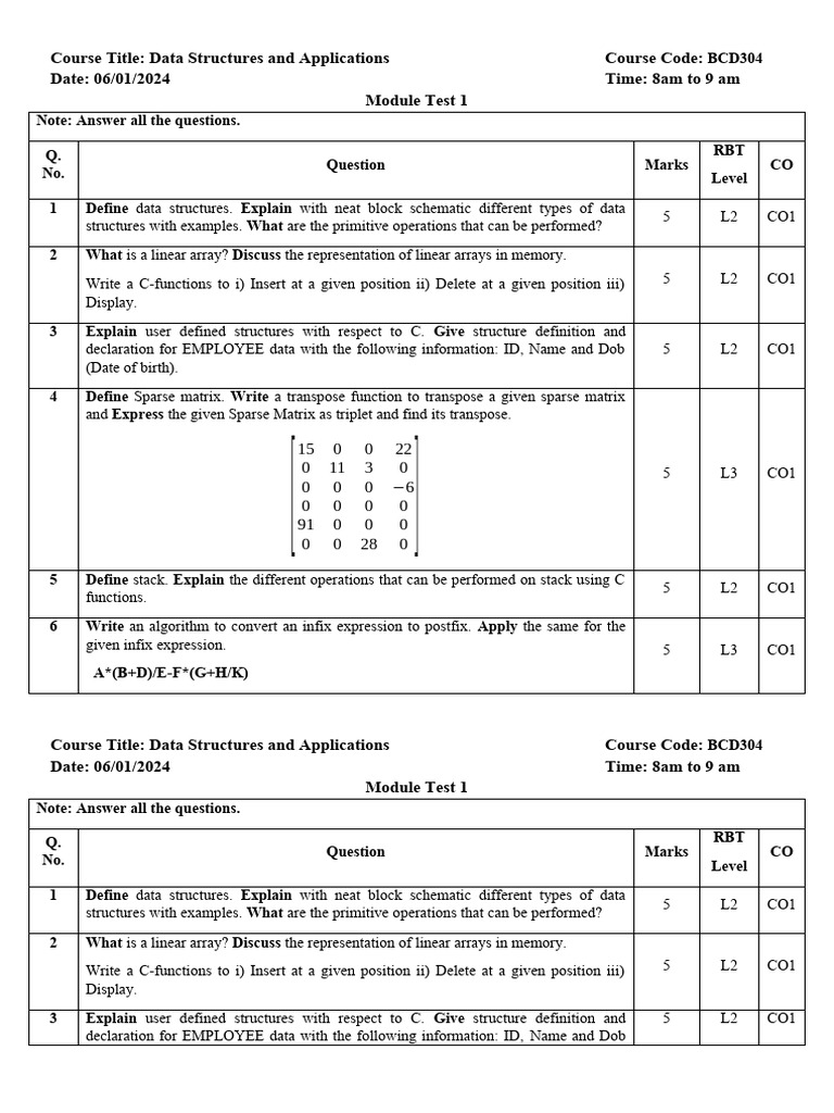 Data Structures Exam Guide | PDF | Matrix (Mathematics) | Algorithms