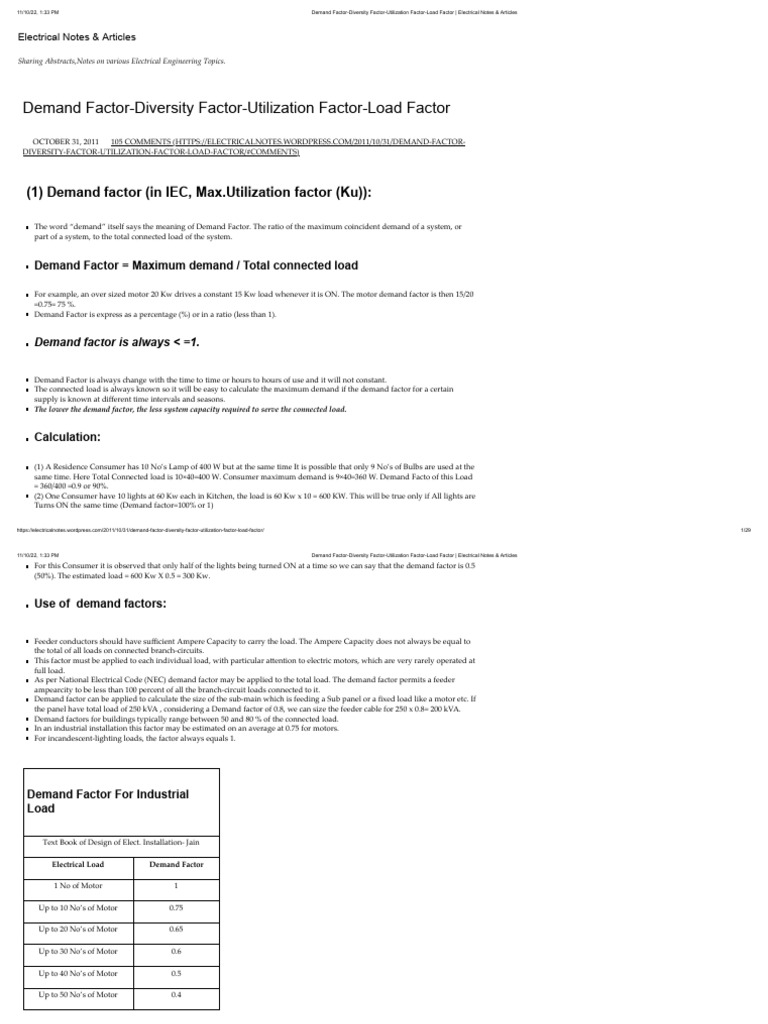 Demand Factor-Diversity Factor-Utilization Factor-Load Factor ...