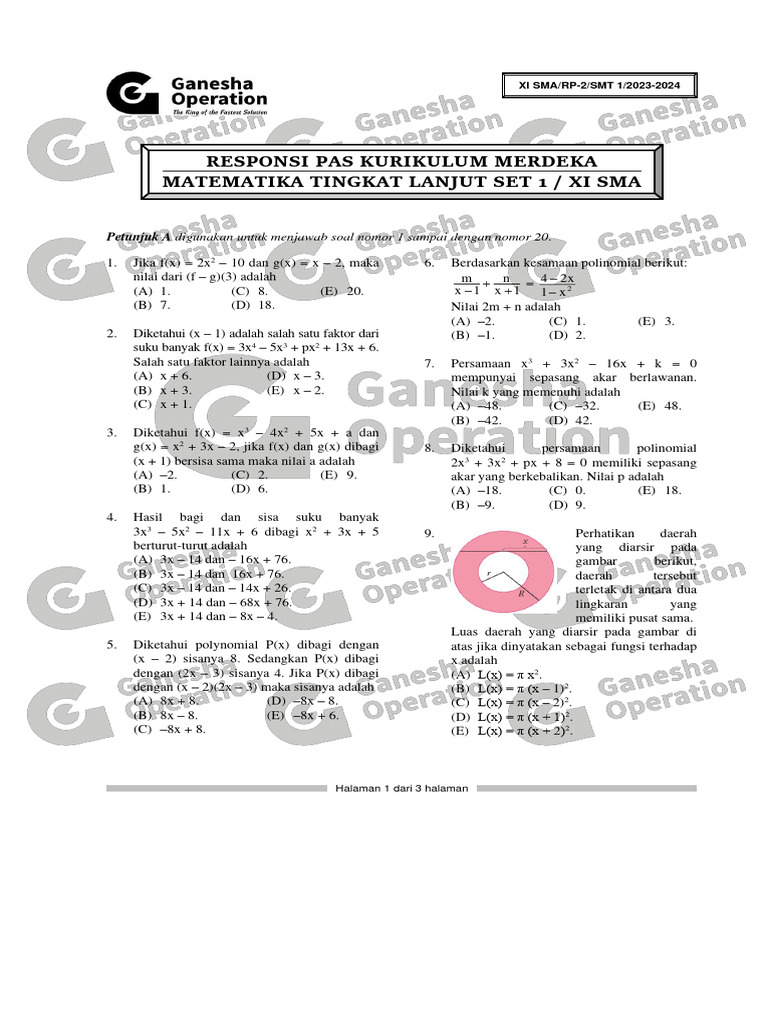 Responsi PAS Mat - Tingkat Lanjut - (Set 1) 11 SMA (K.merdeka) | PDF