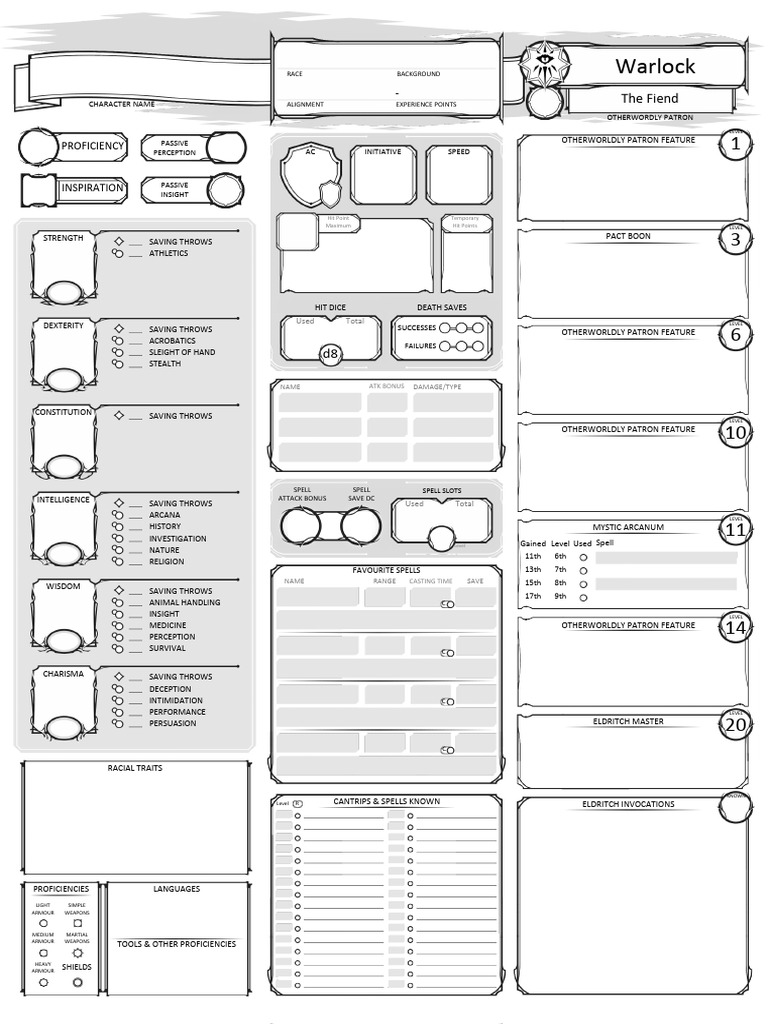 Warlock Character Sheet Template 5E | PDF