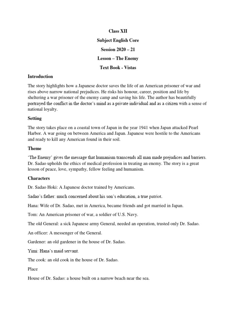 Class XII Subject English Core Session 2020 - 21 Lesson - The Enemy ...