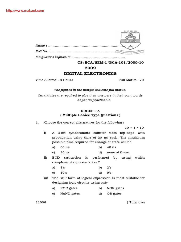 Digital Electronics Exam Paper BCA-101 | PDF | Logic Gate | Digital ...