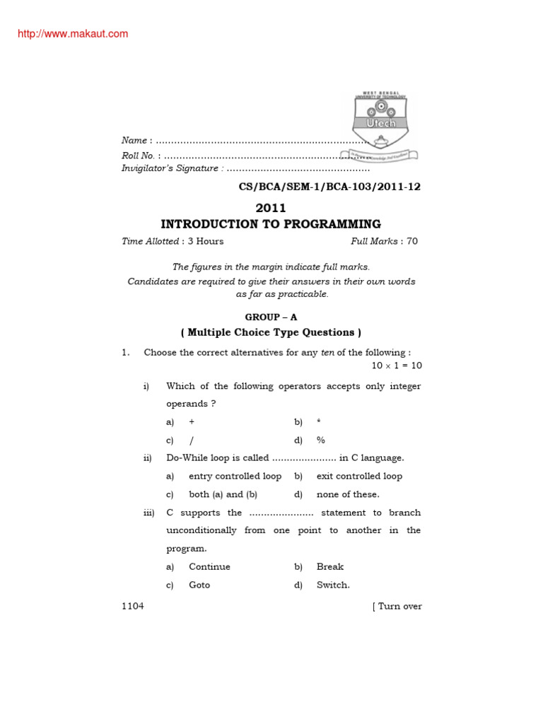 Bca Bca 103 Introduction To Programming 2011 Pdf Pointer Computer Programming Computer Data