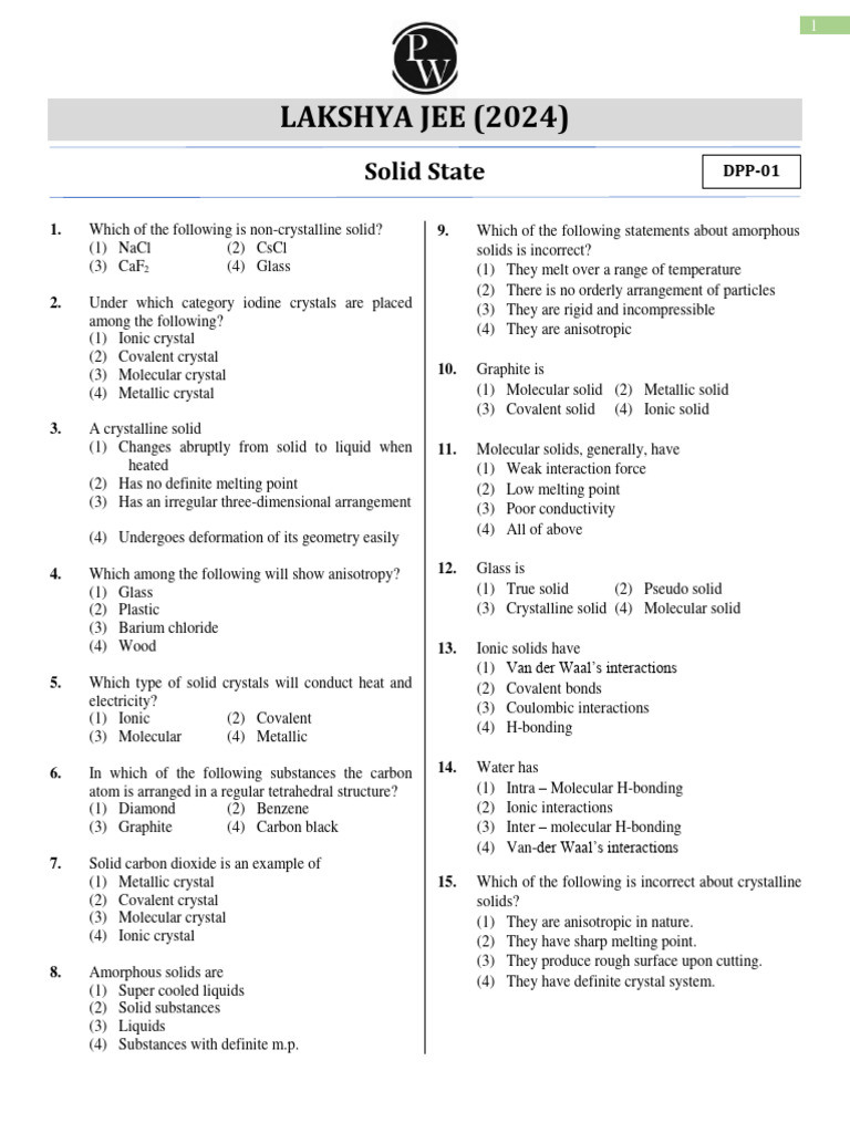 Solid State _ DPP 01 __ Lakshya JEE 2024 | PDF | Crystal | Solid
