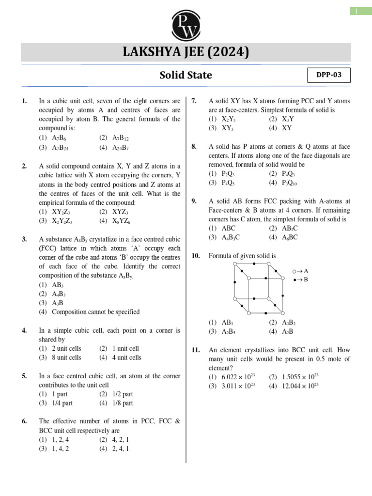 Solid State - DPP 03 - Lakshya JEE 2024 | PDF
