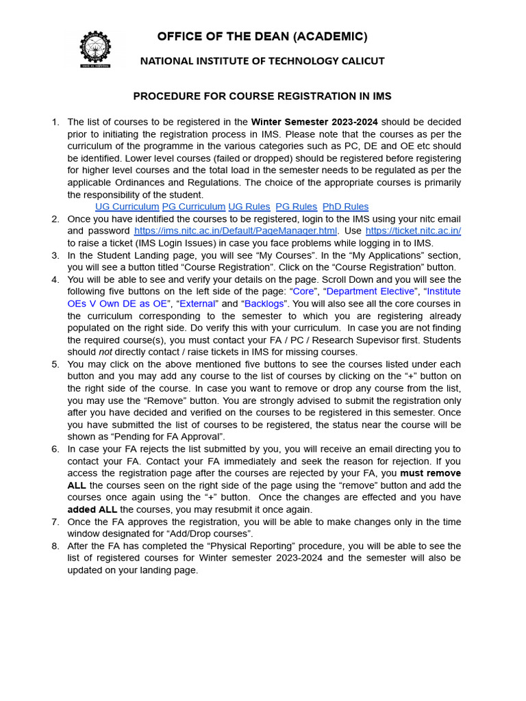 Registration Procedure in IMS - Winter 2023-24 | PDF