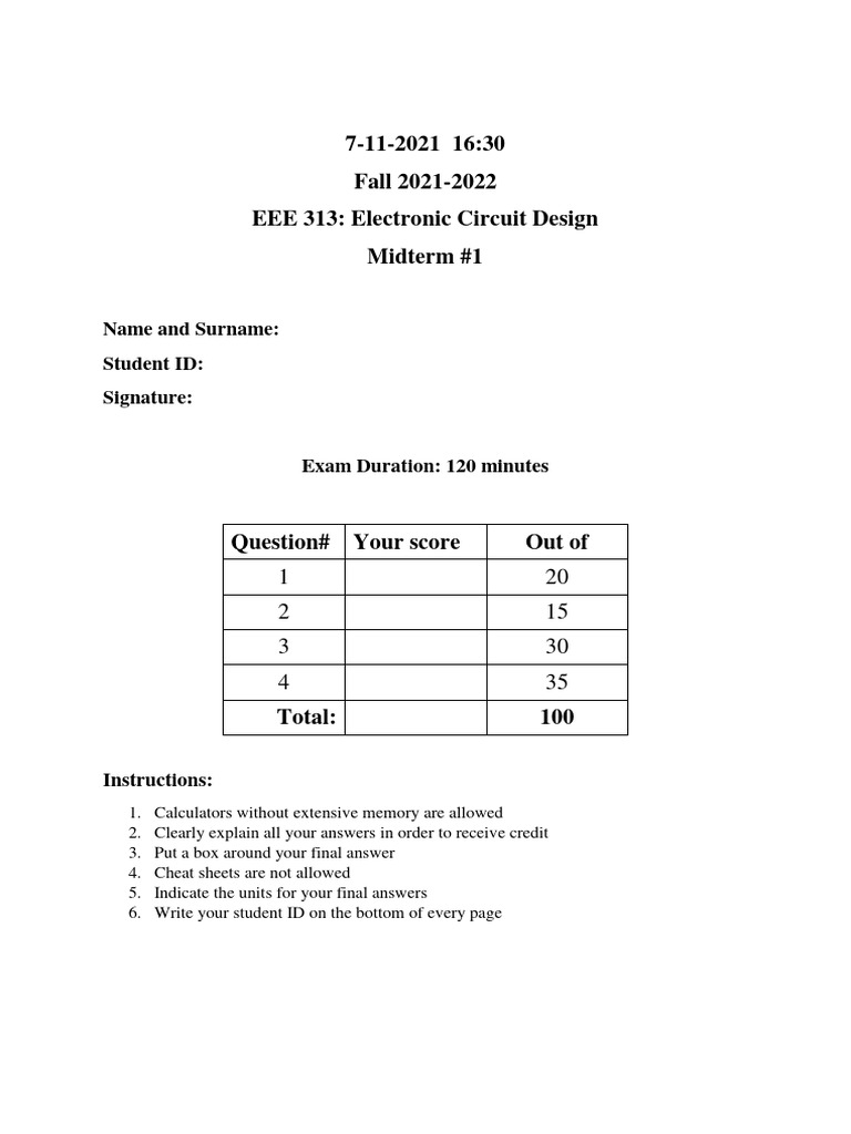 Midterm 1 Exam | Download Free PDF | Transistor | Amplifier