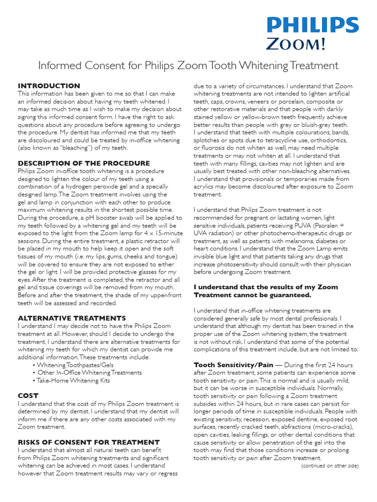 Philips Zoom Teeth Whitening Consent | PDF | Medical Specialties ...