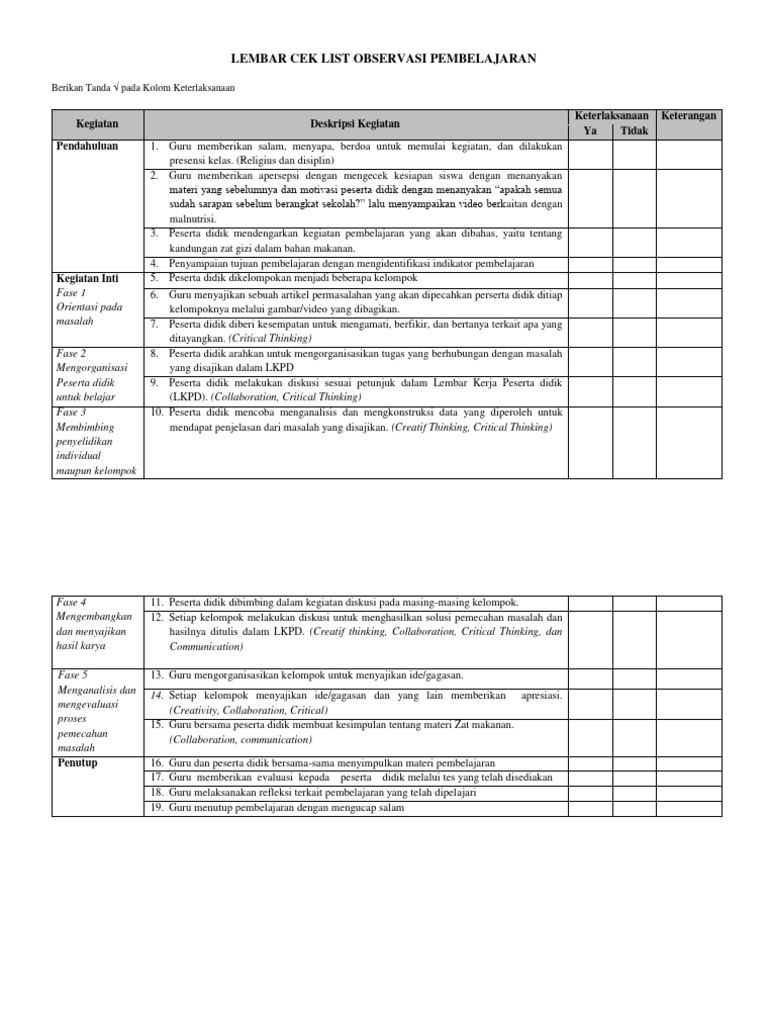 Lembar checklist observasi | PDF