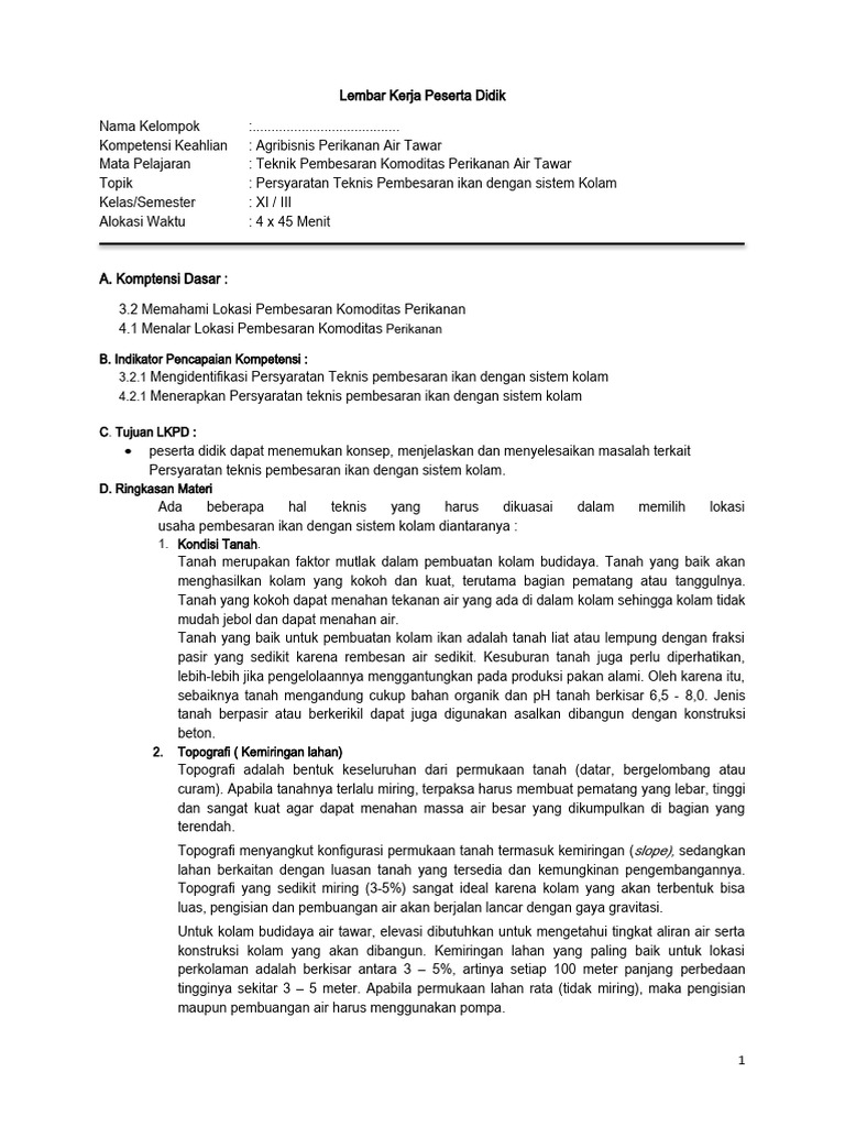 LKPD Pemilihan Lokasi Pembesaran Ikan Dengan Sistem KJA | PDF