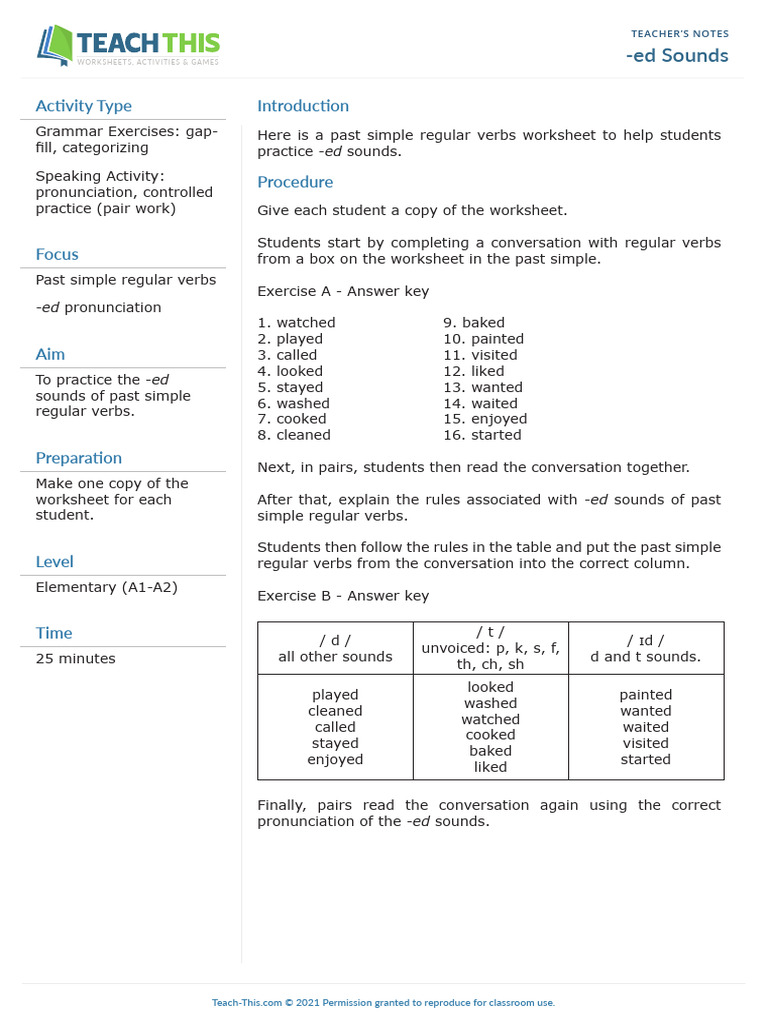 Past Simple -ed Sounds Practice | PDF