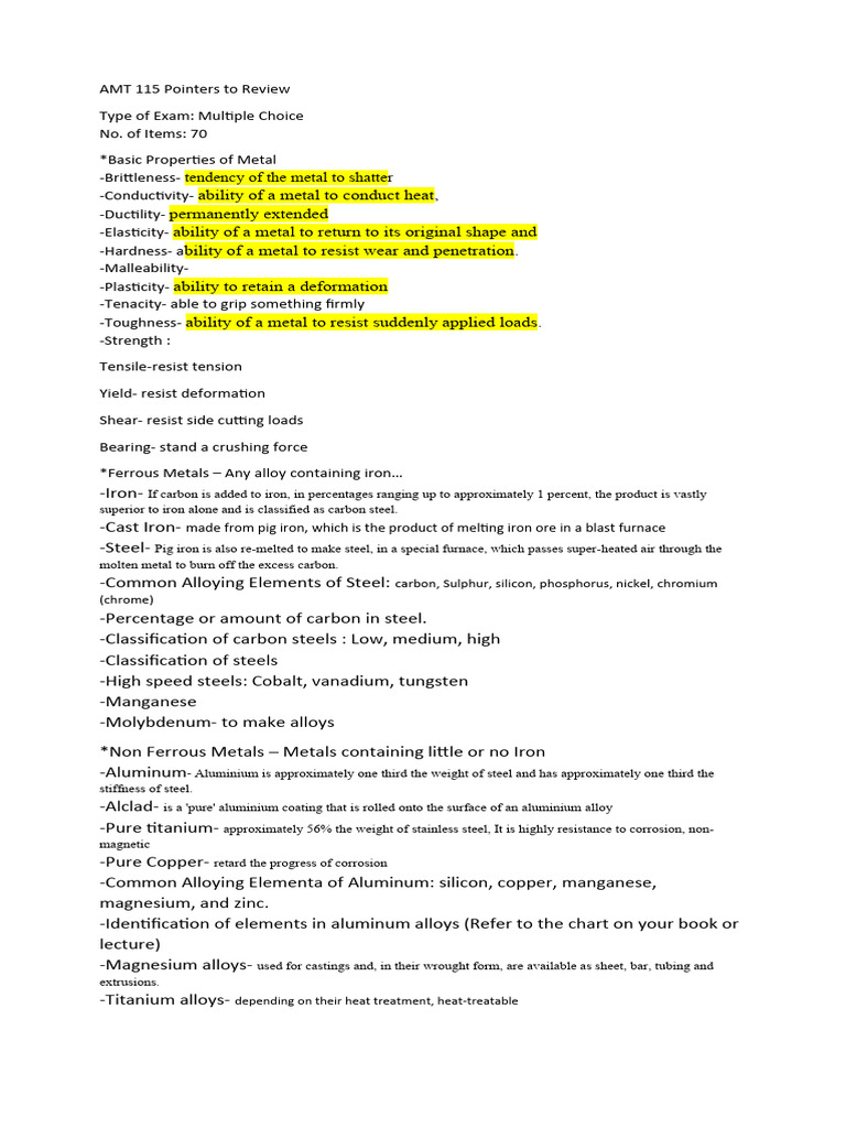 AMT 115 Pointers To Review Reviewer | PDF | Alloy | Steel