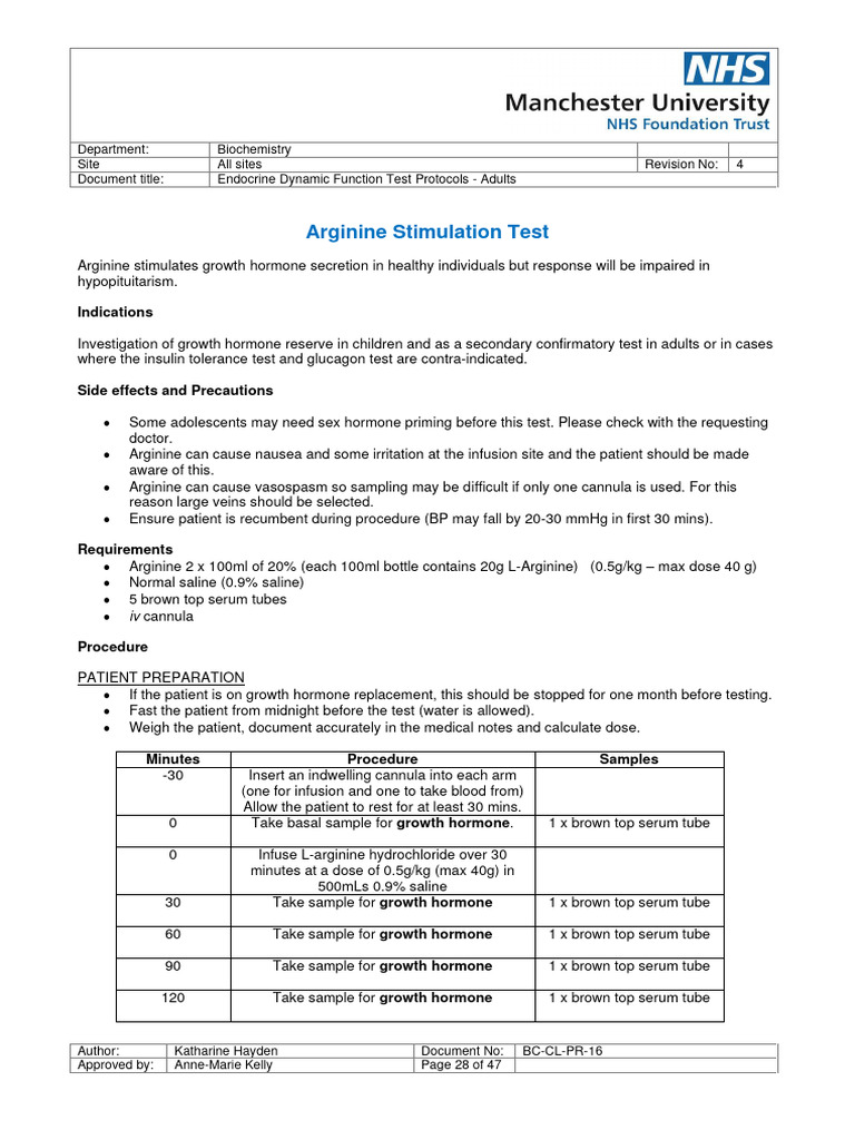Arginine Stimulation Test Protocol | PDF | Growth Hormone | Arginine