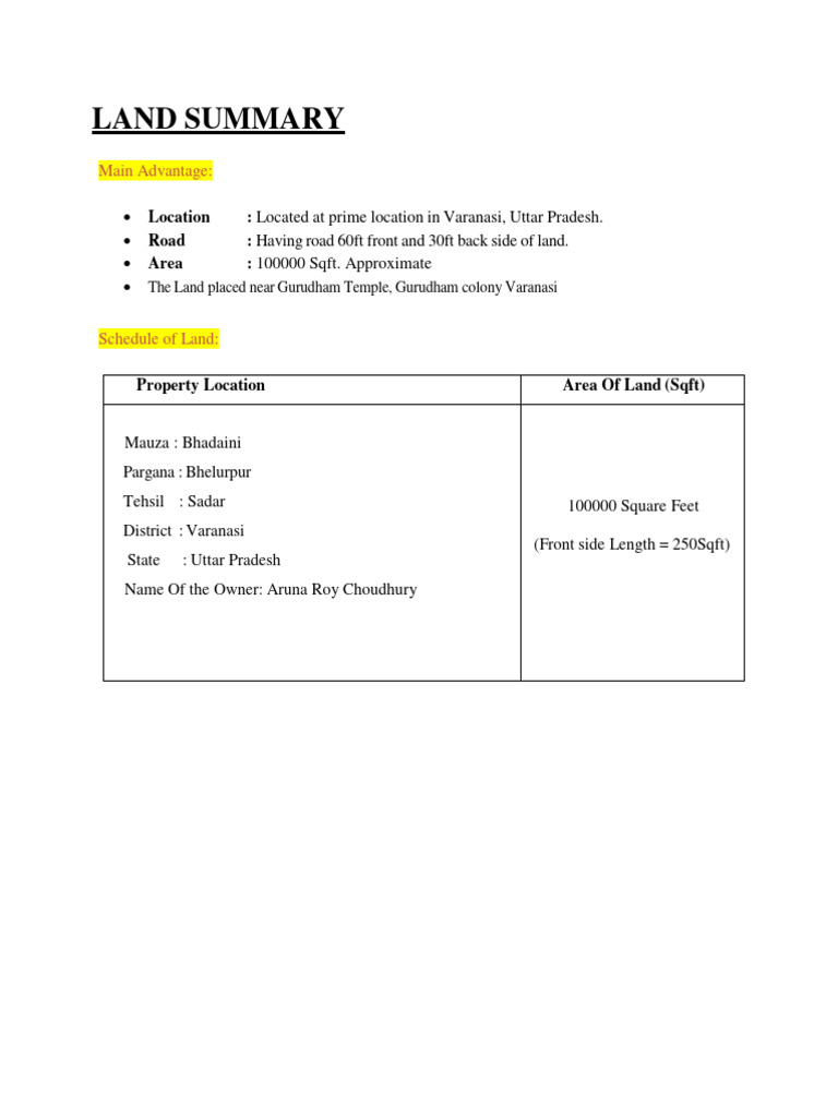 Land Summary Gurudham Varanasi 1 | PDF