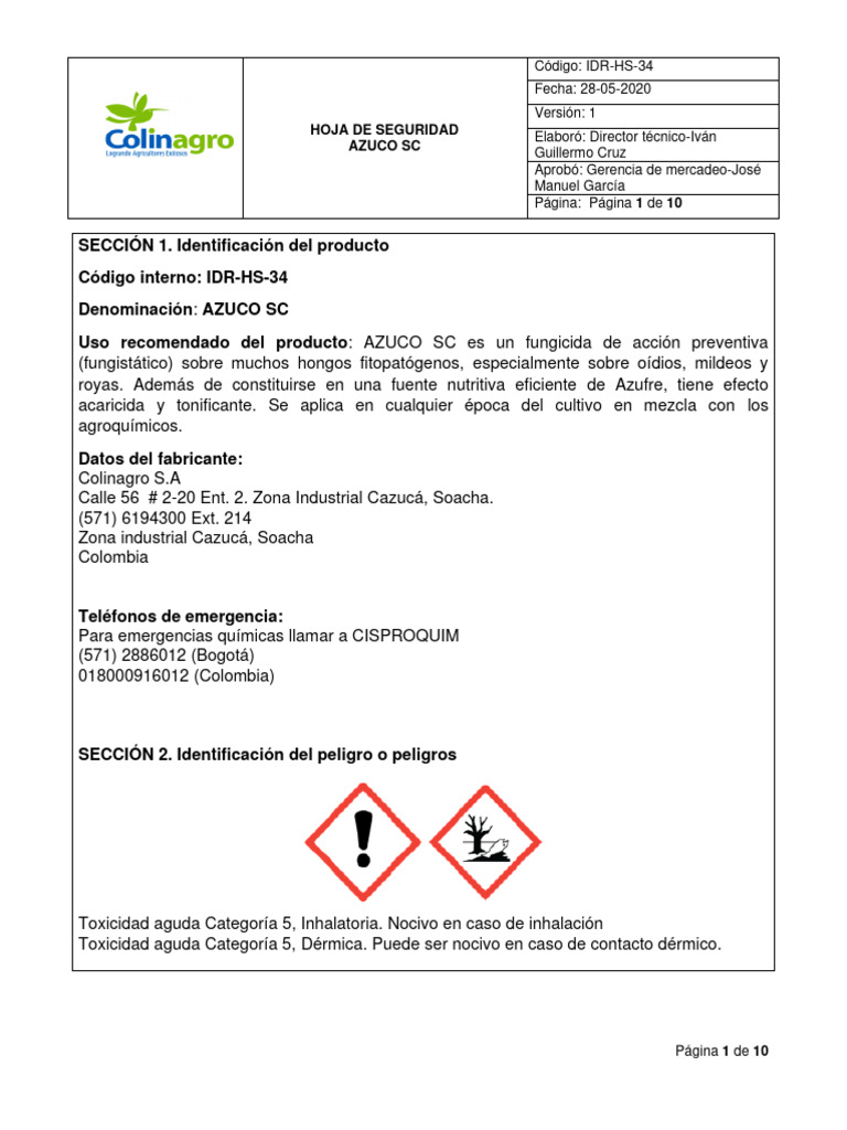 Hoja de Seguridad de Azuco SC | PDF | Toxicidad | Agua