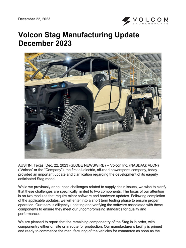 2023-12-22 Volcon Stag Manufacturing Update December 100 | PDF | Risk ...