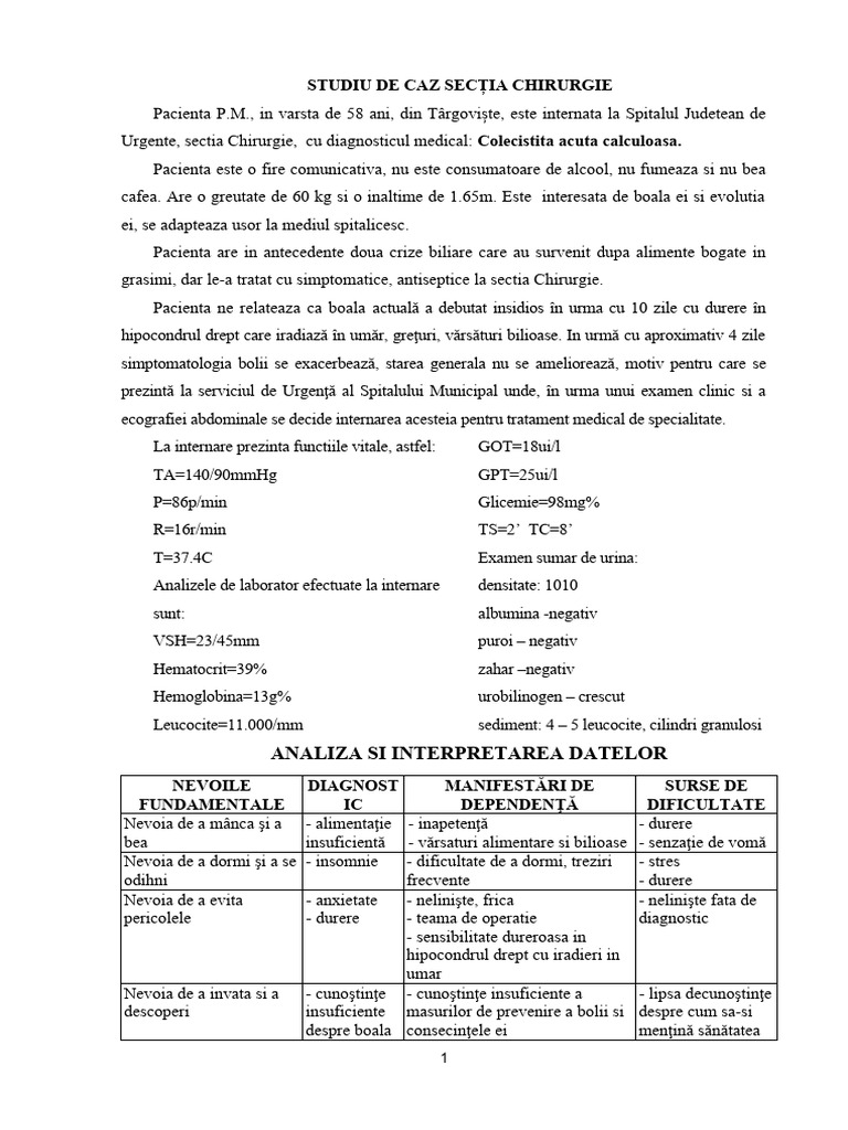 Plan de Ingrijire - Chirurgie - Colecistita | PDF