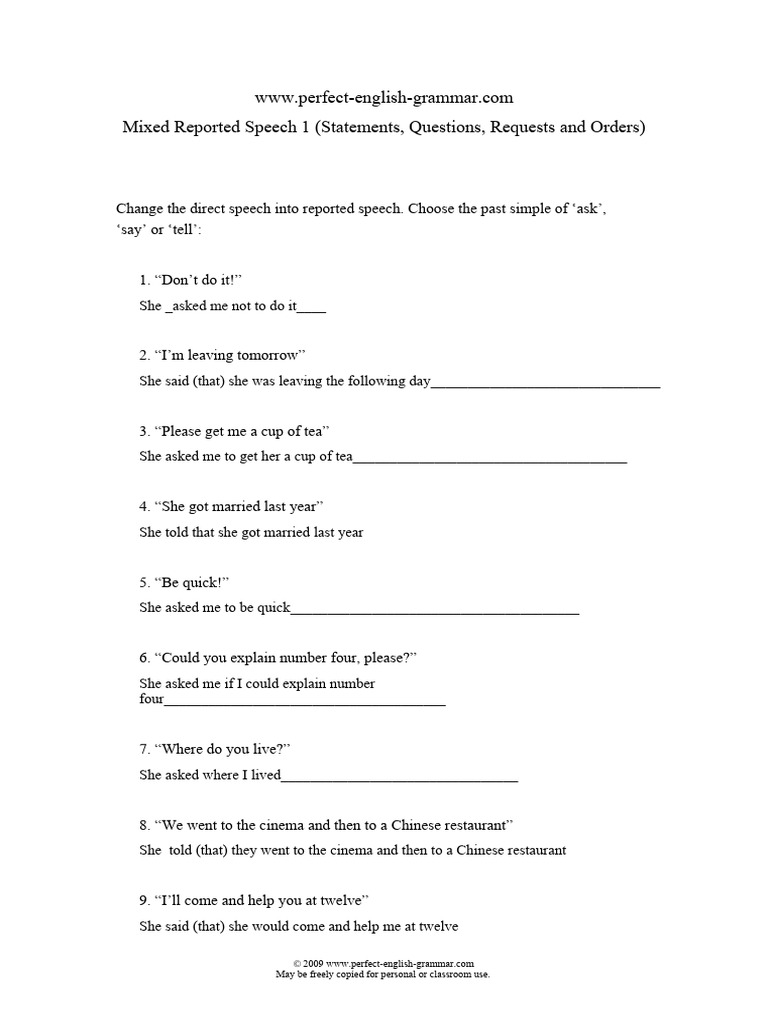 Reported Speech Mixed Exercise 1 | PDF