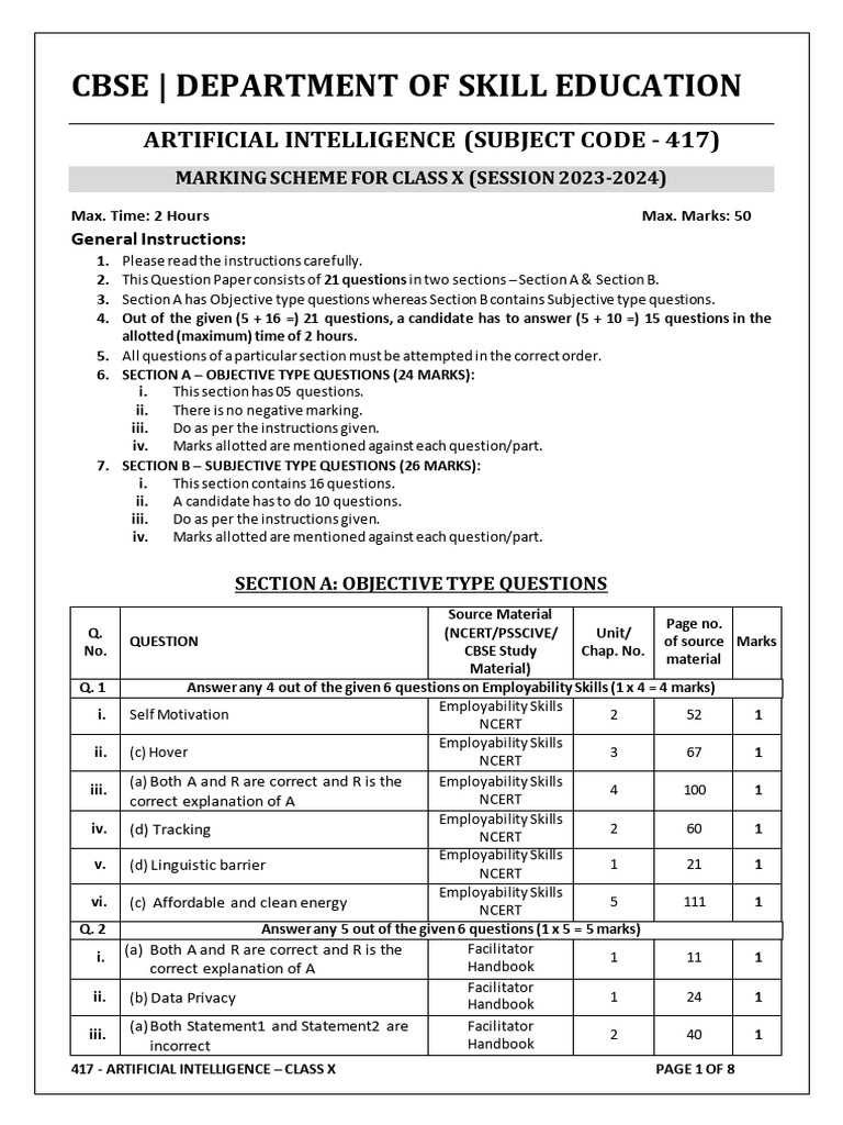 Ai Sample Paper Class10 | PDF