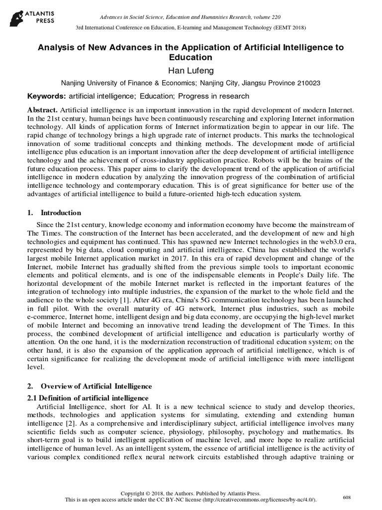 Analysis of New Advances in The Application of Artificial Intelligence To Education | PDF ...