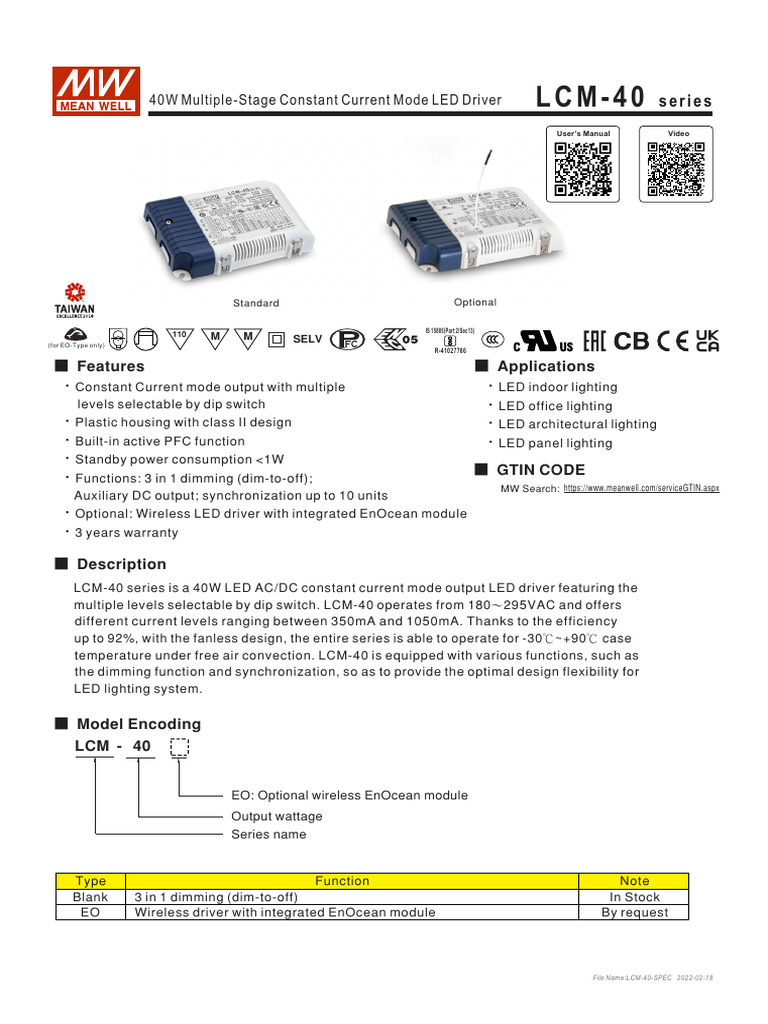 LED DRIVER INTRA LCM-40-spec | PDF | Electronics | Electricity