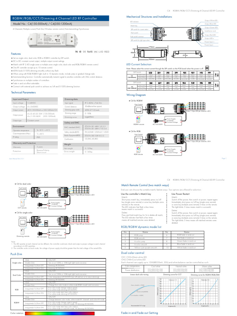 RGBW/RGB/CCT/Dimming 4 Channel LED RF Controller: Model No.: C4 (150 ...