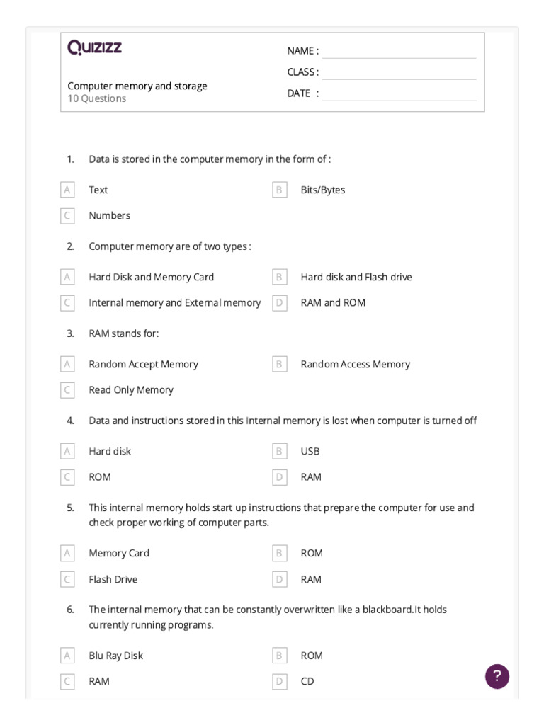 Worksheet Computer Memory Pdf Computer Data Storage Usb Flash Drive 6533