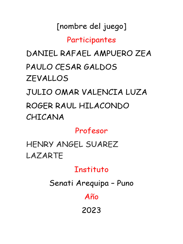 (Nombre Del Juego) Daniel Rafael Ampuero Zea Paulo Cesar Galdos ...