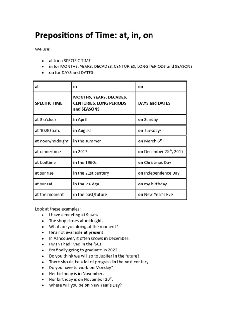 Prepositions of Time (In, On, At) Introduction | PDF | Workweek And Weekend