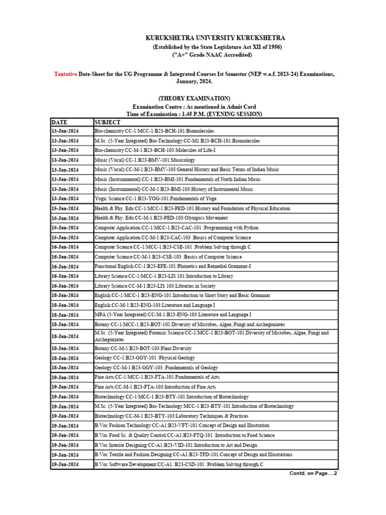 Tentative Datesheet UG Programme & Integrated Courses 1st Semester (NEP ...