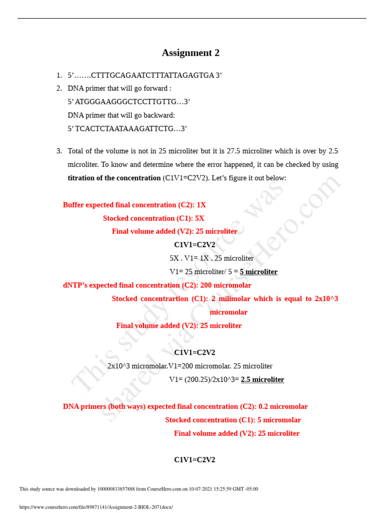 Assignment 2 BIOL 2071 | PDF | Polymerase Chain Reaction | Macromolecules