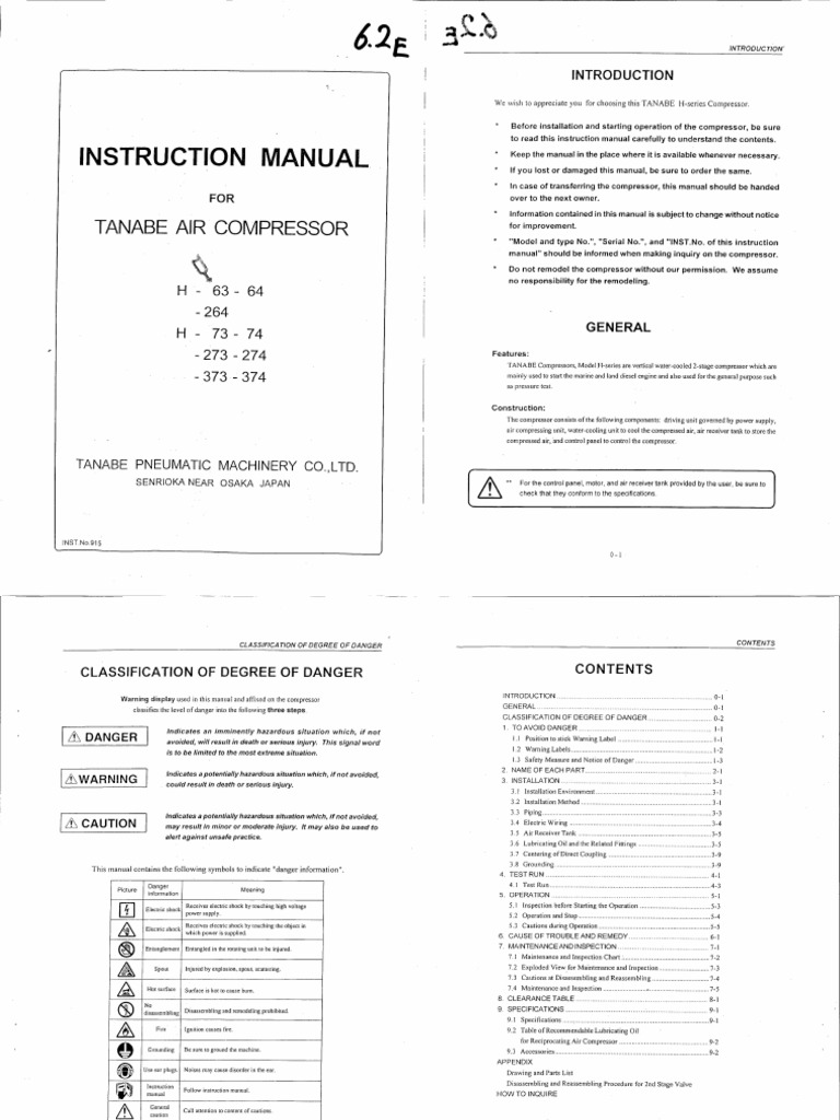 Instruction Manual For Tanabe Air Compressor - Model H-Series | PDF ...