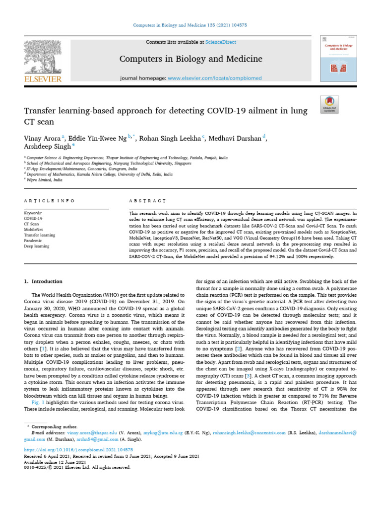 Transfer Learning Based Approach For Detecting Cov 2021 Computers In Biology Pdf Ct Scan