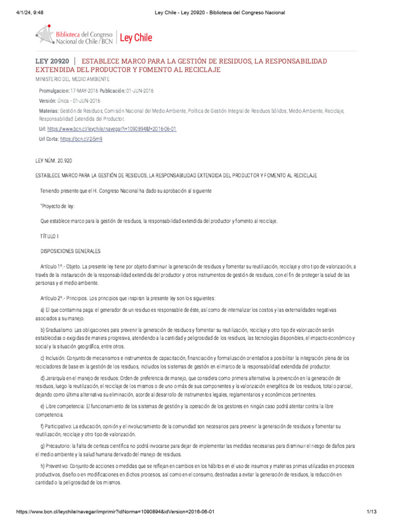 Ley Chile - Ley 20920 - Biblioteca Del Congreso Nacional | PDF ...