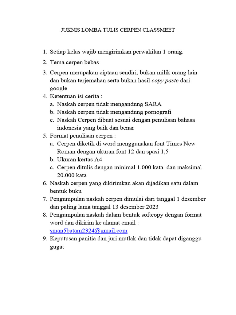 JUKNIS LOMBA TULIS CERPEN CLASSMEET Revic | PDF