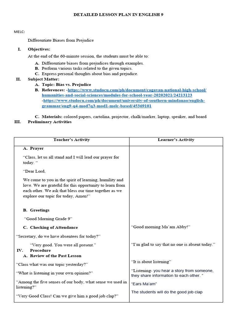 DETAILED LESSON PLAN IN ENGLISH 9 | PDF | Bias | Prejudices
