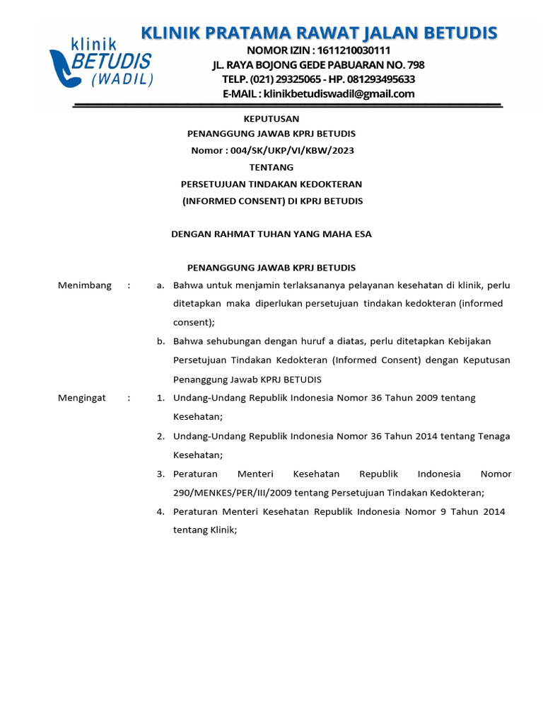 Kebijakan Informed Consent KPRJ Betudis | PDF