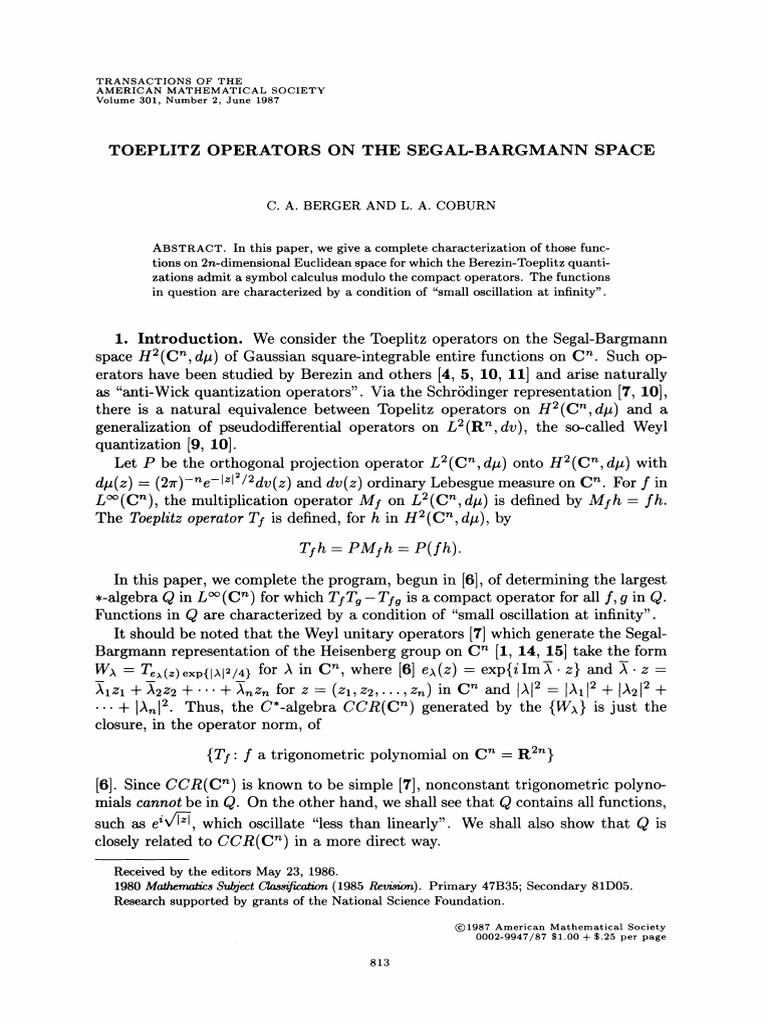 Toeplitz Operators On The Segal-Bargmann Space | PDF | Compact Space | Theorem