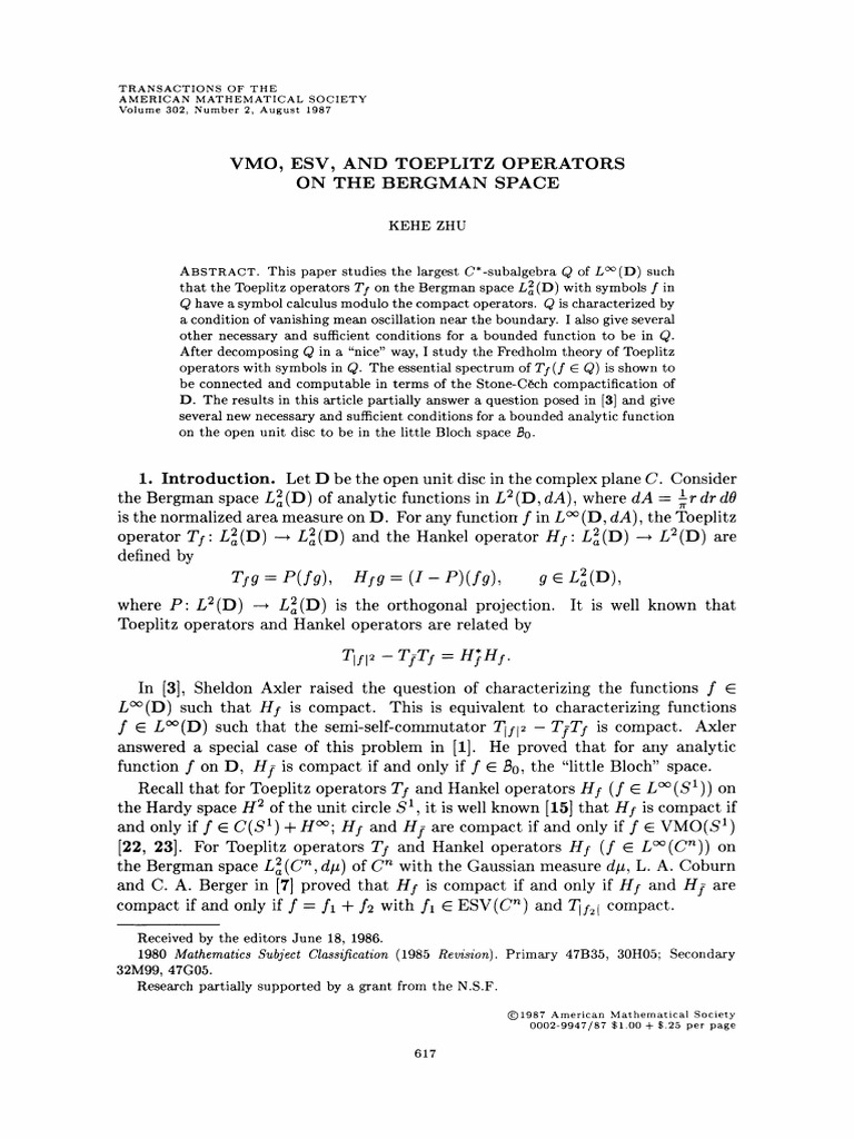 Vmo Esv And Toeplitz Operators On The Bergman Space Pdf Linear Map