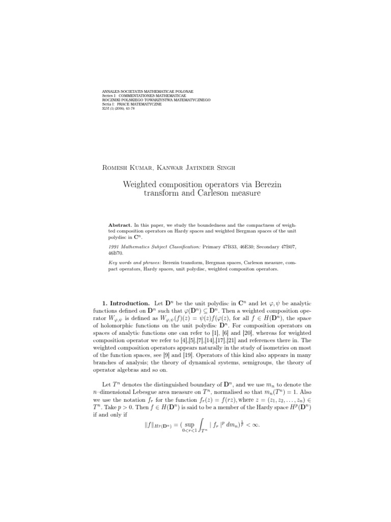 Weighted Composition Operators Via Berezin Transform | PDF | Compact ... Weighted Composition Operators Via Berezin Transform | PDF | Compact ...
