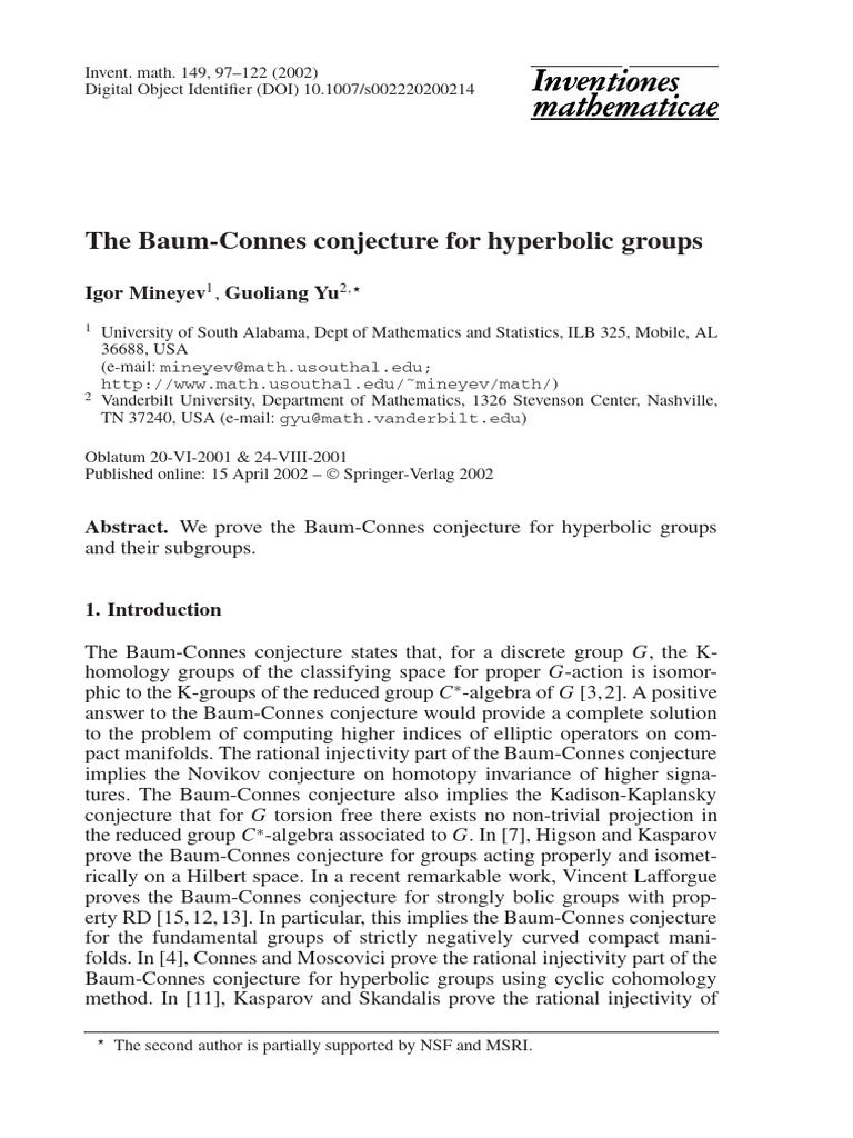 The Baum-Connes Conjecture For Hyperbolic Groups | PDF | Mathematics | Algebra