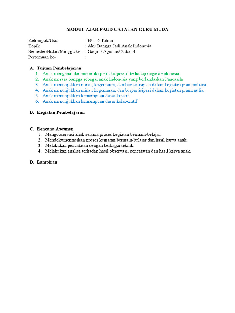 Template Modul Ajar Paud | PDF