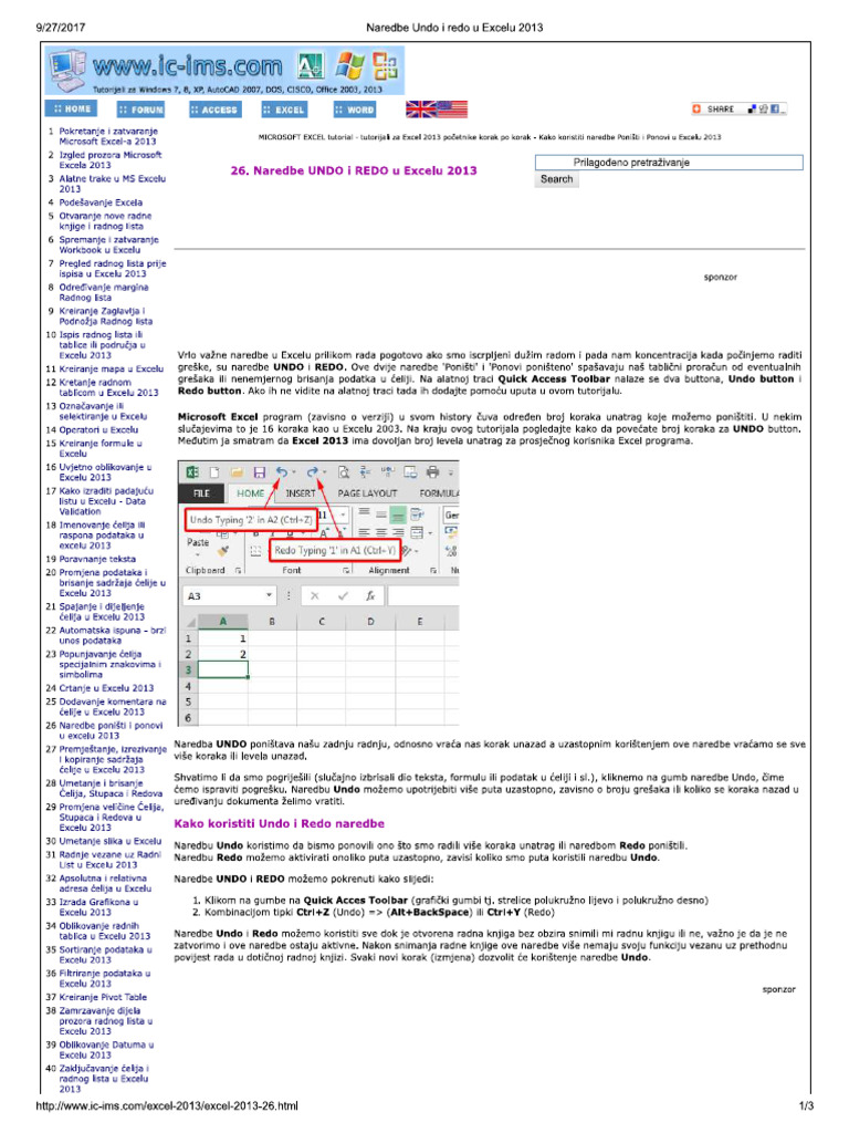 Naredbe UNDO I REDO U Excelu 2013 | PDF