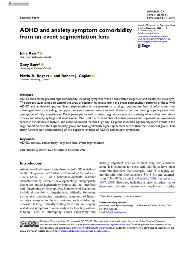 Ryan Et Al 2023 Adhd and Anxiety Symptom Comorbidity From An Event Segmentation Lens | PDF ...
