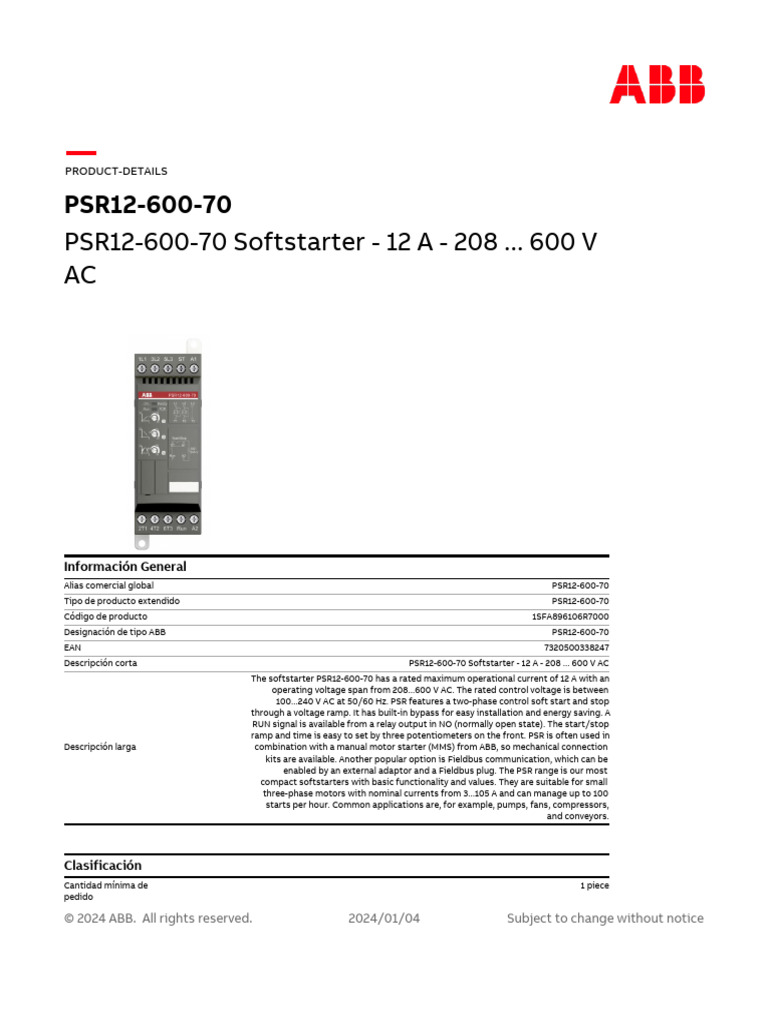 PSR12-600-70 Softstarter Overview | PDF | Equipment | Manufactured Goods