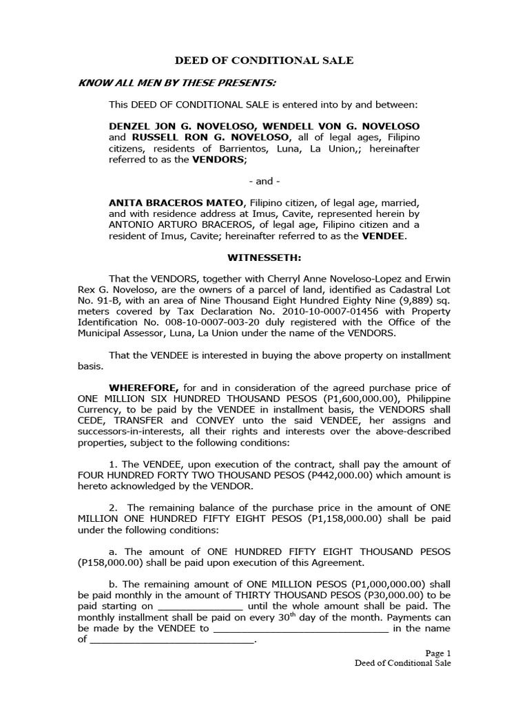 Deed of Conditional Sale (Sample 3) | PDF | Deed | Private Law